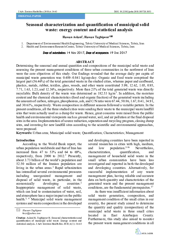 (PDF) Seasonal characterization and quantification of municipal solid ...