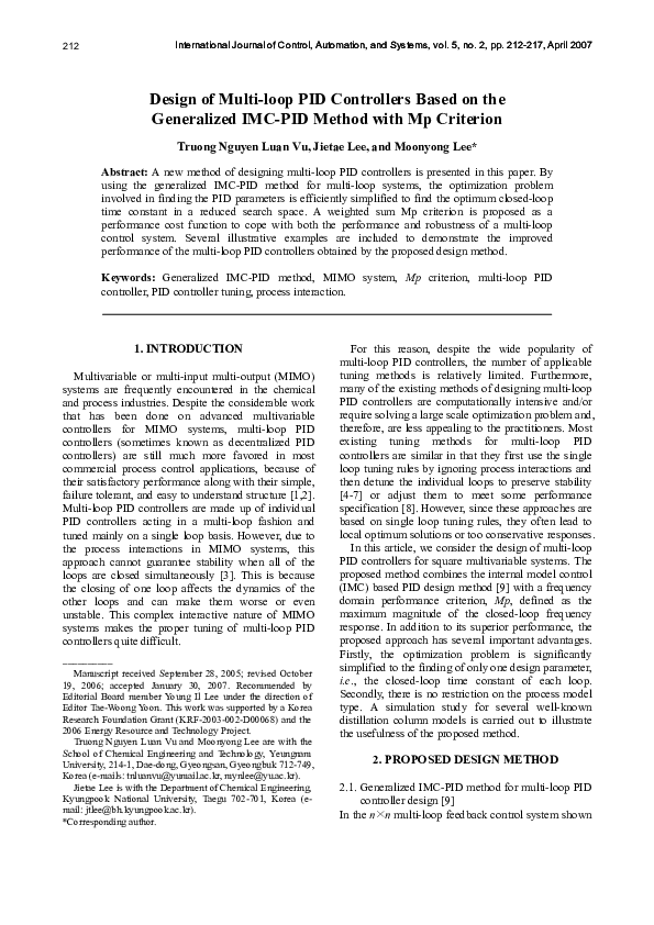 Pdf Design Of Multi Loop Pid Controllers Based On The Generalized Imc Pid Method With Mp