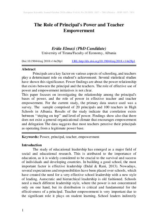 (PDF) The Role of Principal's Power and Teacher Empowerment