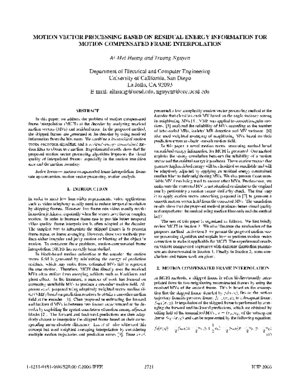 Pdf Motion Vector Processing Based On Residual Energy Information For Motion Compensated Frame 