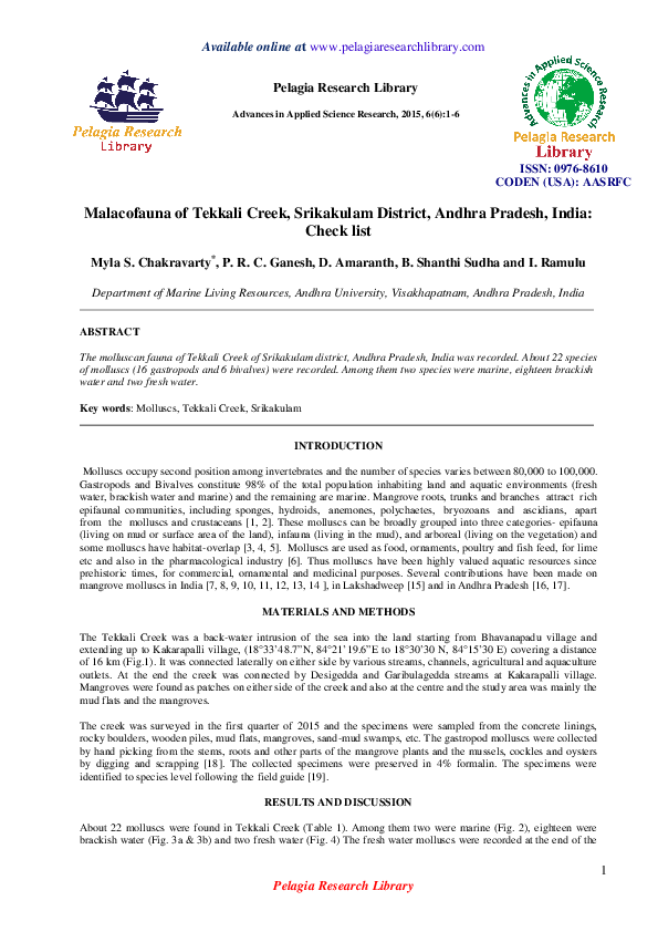 (PDF) Malacofauna of Tekkali Creek, Srikakulam District, Andhra Pradesh ...