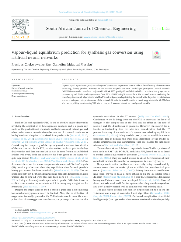 (PDF) Vapour–liquid equilibrium prediction for synthesis gas conversion using artificial neural ...