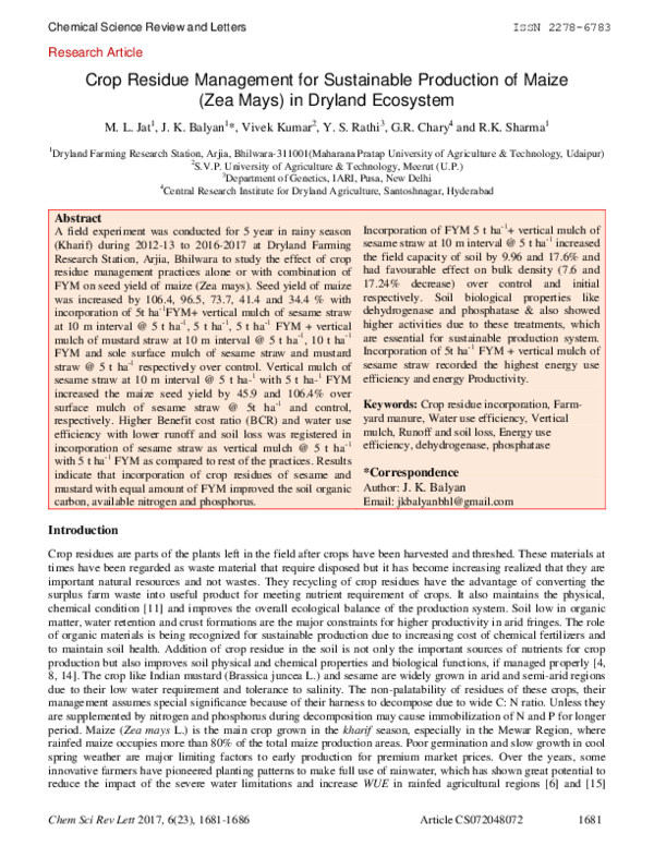 (PDF) Crop Residue Management for Sustainable Production of Maize (Zea Mays) in Dryland Ecosystem