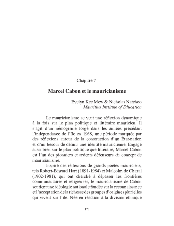 (PDF) Kee Mew & Natchoo (2014) 'Marcel Cabon et le mauricianisme' in ...