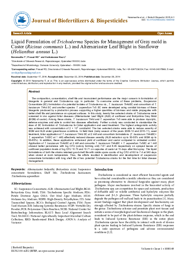 Pdf Liquid Formulation Of Trichoderma Species For Management Of Gray Mold In Castor Ricinus