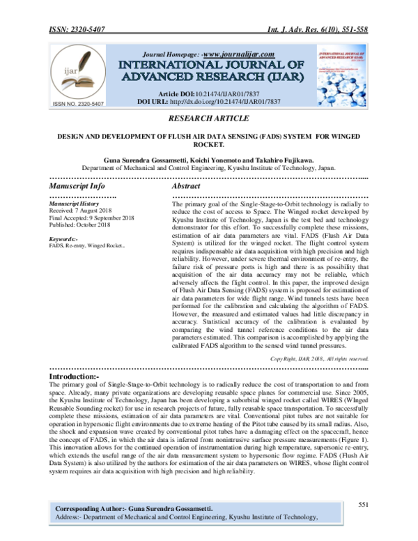 (PDF) DESIGN AND DEVELOPMENT OF FLUSH AIR DATA SENSING (FADS) SYSTEM FOR WINGED ROCKET.