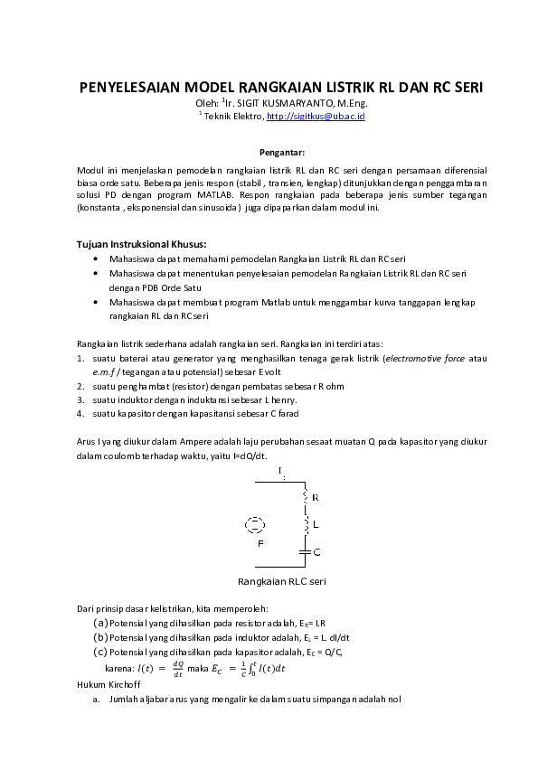 (PDF) PENYELESAIAN MODEL RANGKAIAN LISTRIK RL DAN RC SERI
