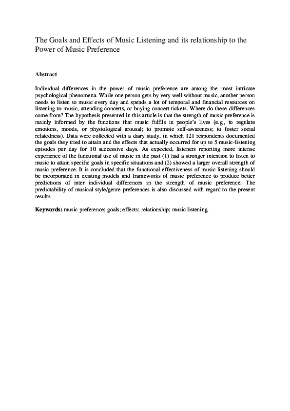 (DOC) The Goals and Effects of Music Listening and its Relationship to ...
