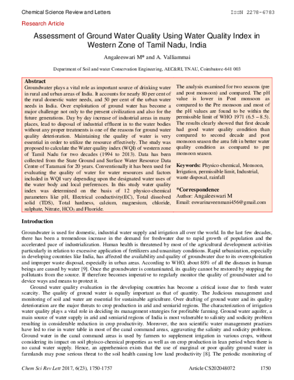 (PDF) Assessment of Ground Water Quality Using Water Quality Index in Western Zone of Tamil Nadu ...