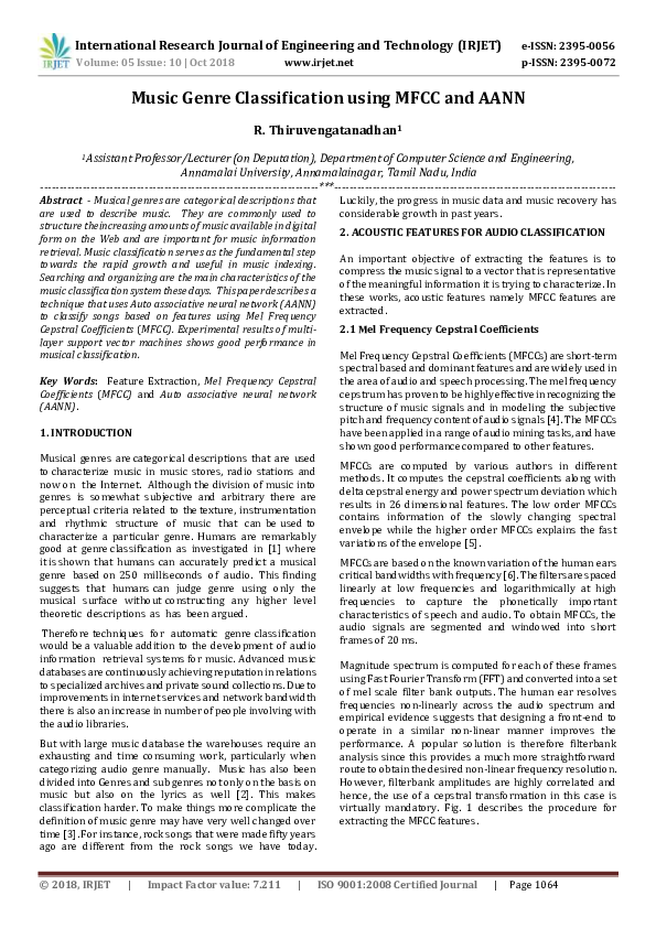 Pdf Irjet Music Genre Classification Using Mfcc And Aann