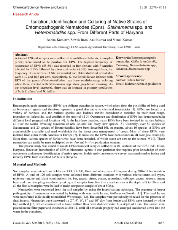(PDF) Isolation, Identification and Culturing of Native Strains of Entomopathogenic Nematodes ...
