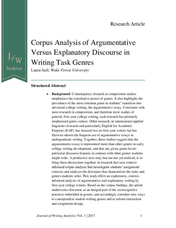 (PDF) Corpus Analysis of Argumentative Versus Explanatory Discourse in Writing Task Genres