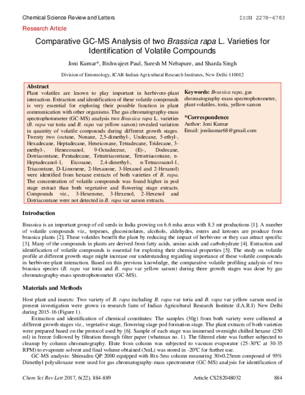 (PDF) Comparative GC-MS Analysis of two Brassica rapa L. Varieties for Identification of ...