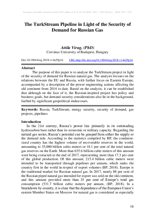 The TurkStream Pipeline in Light of the Security of Demand for Russian Gas