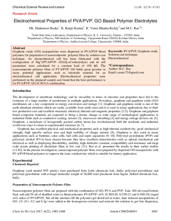 (PDF) Electrochemical Properties of PVA/PVP: GO Based Polymer Electrolytes