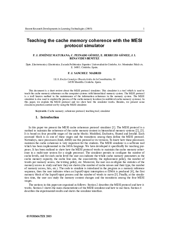 (PDF) Teaching the cache memory coherence with the MESI protocol simulator