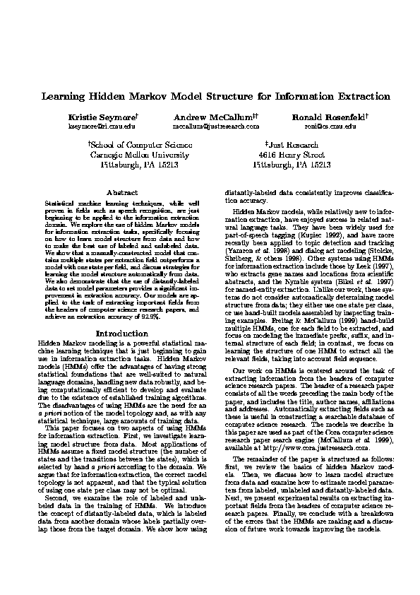 Pdf Learning Hidden Markov Model Structure For Information Extraction