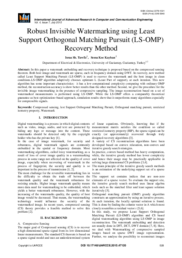 (PDF) Robust Invisible Watermarking using Least Support Orthogonal Matching Pursuit (LS-OMP ...