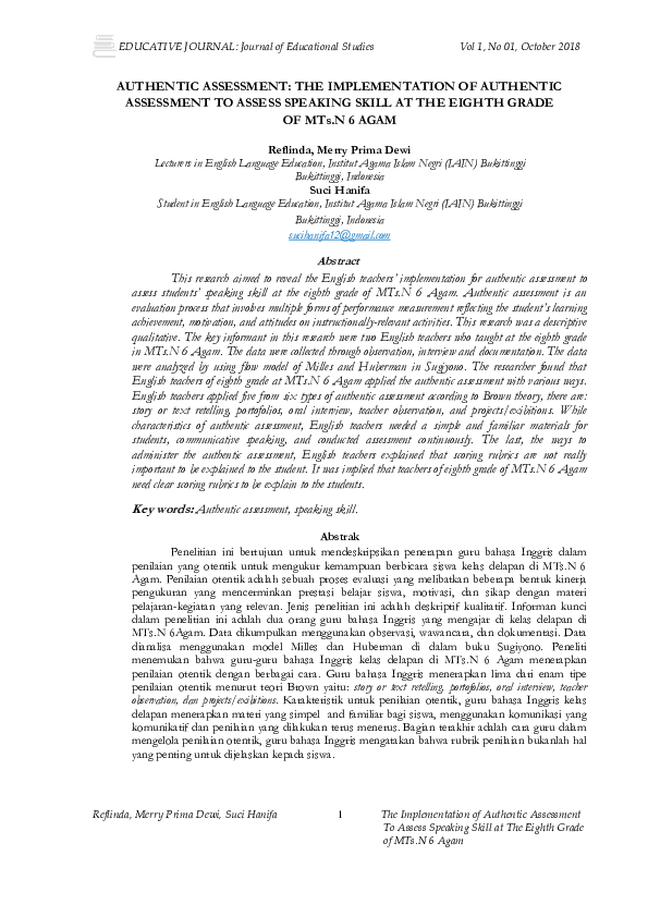 (PDF) AUTHENTIC ASSESSMENT: THE IMPLEMENTATION OF AUTHENTIC ASSESSMENT TO ASSESS SPEAKING SKILL ...
