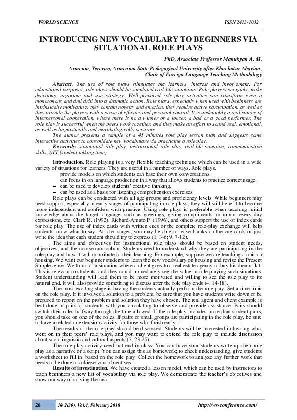 (PDF) INTRODUCING NEW VOCABULARY TO BEGINNERS VIA SITUATIONAL ROLE PLAYS