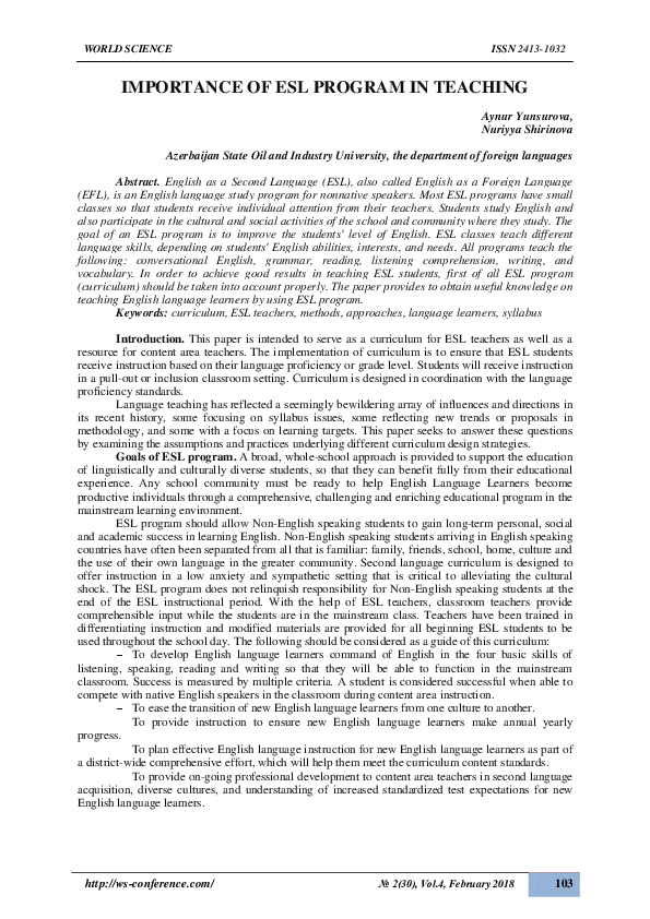 (PDF) IMPORTANCE OF ESL PROGRAM IN TEACHING