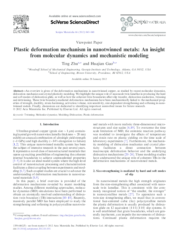 (PDF) Plastic deformation mechanism in nanotwinned metals: An insight ...