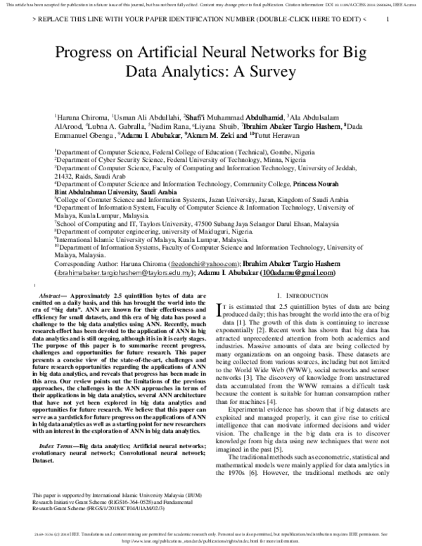 Pdf Progress On Artificial Neural Networks For Big Data Analytics A