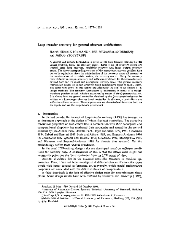 Pdf Loop Transfer Recovery For General Observer Architectures
