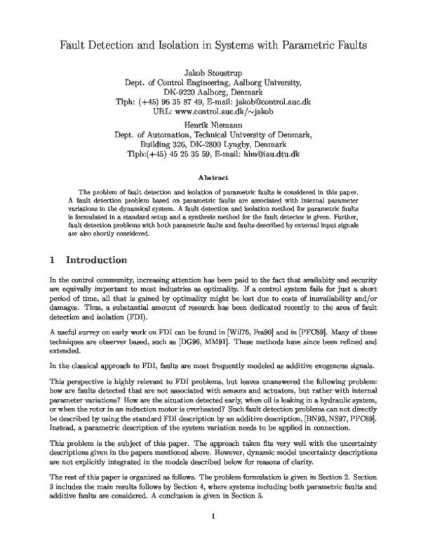 Pdf Fault Detection And Isolation In Systems With Parametric Faults Jakob Stoustrup