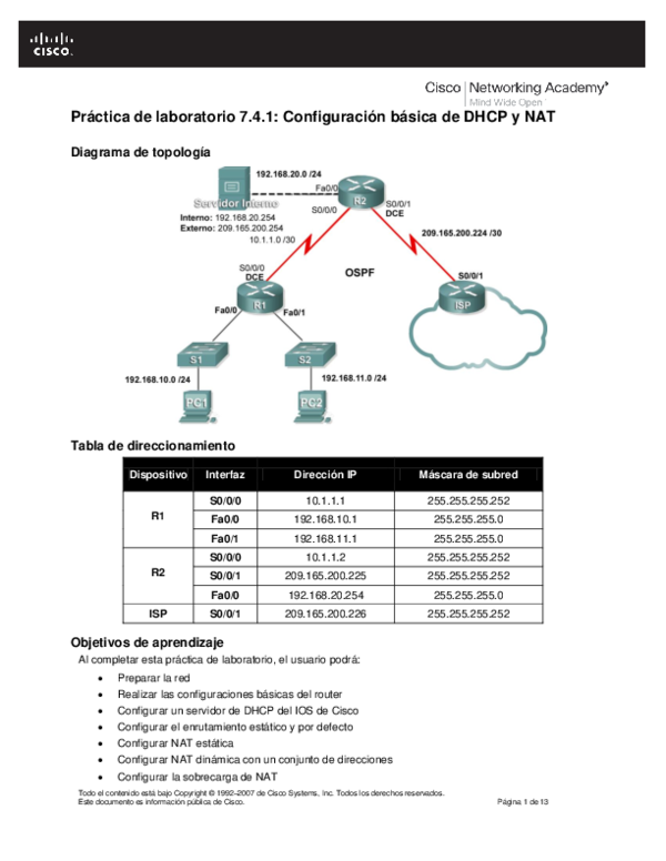 (PDF) Practica de laboratorio 7 4 1 Configuracion basica de DHCP y NAT