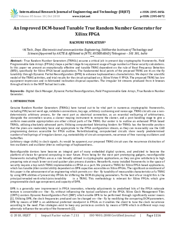 Pdf Irjet An Improved Dcm Based Tunable True Random Number Generator For Xilinx Fpga