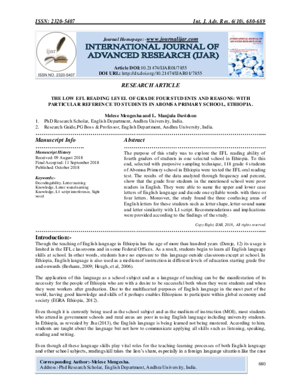 (PDF) THE LOW EFL READING LEVEL OF GRADE FOUR STUDENTS AND REASONS ...