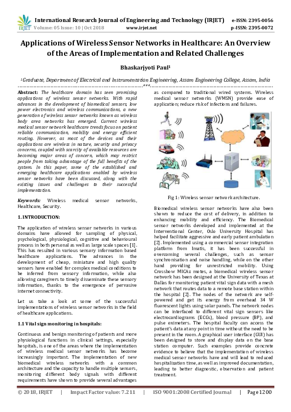Pdf Irjet Applications Of Wireless Sensor Networks In Healthcare An
