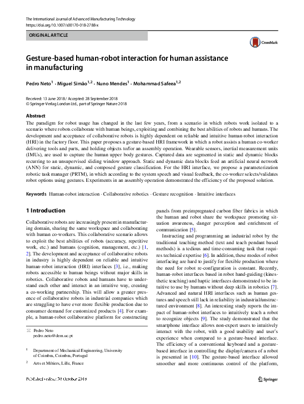 (PDF) Gesture-based human-robot interaction for human assistance in manufacturing