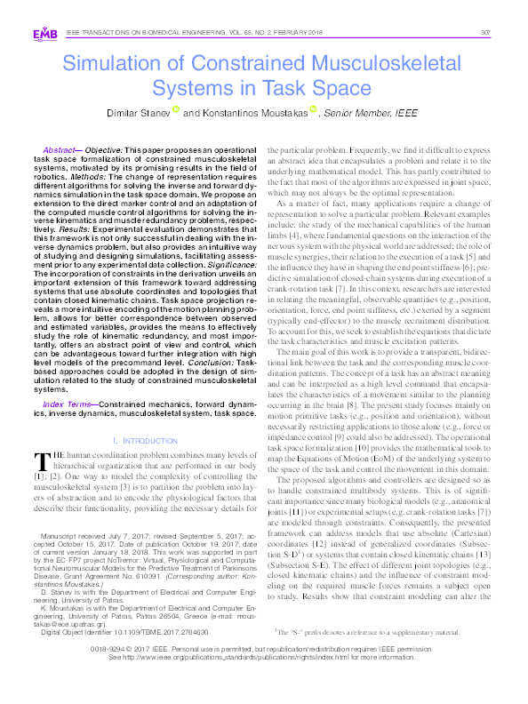 Pdf Simulation Of Constrained Musculoskeletal Systems In Task Space