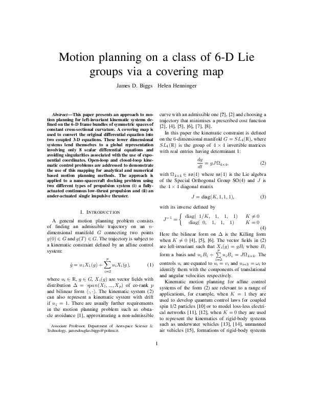 (PDF) Motion planning on a class of 6-D Lie groups via a covering map