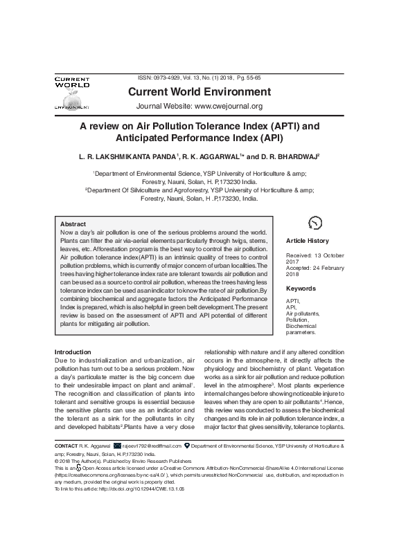 Pdf A Review On Air Pollution Tolerance Index Apti And Anticipated Performance Index Api