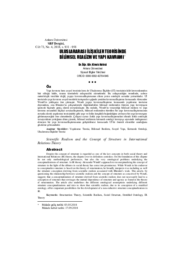 (PDF) Uluslararası İlişkiler Teorisinde Bilimsel Realizm ve Yapı ...
