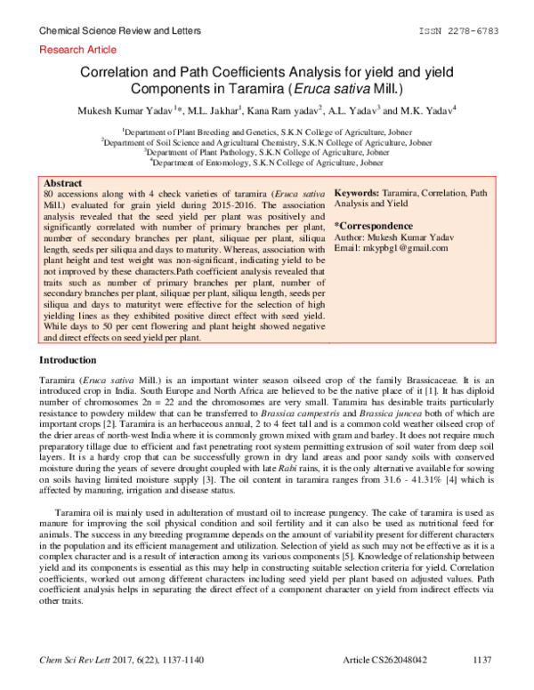 Pdf Correlation And Path Coefficients Analysis For Yield And Yield