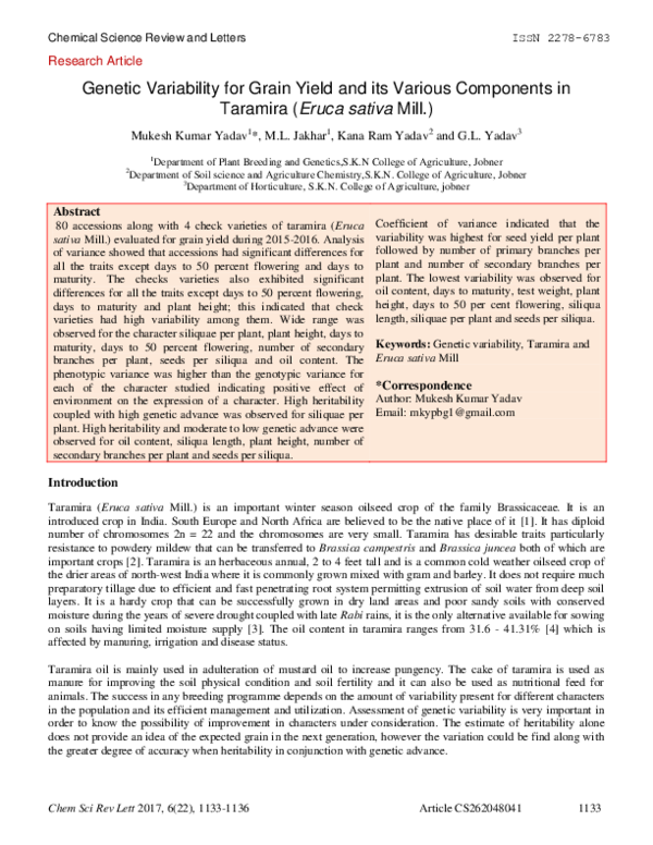 (PDF) Genetic Variability for Grain Yield and its Various Components in Taramira (Eruca sativa ...