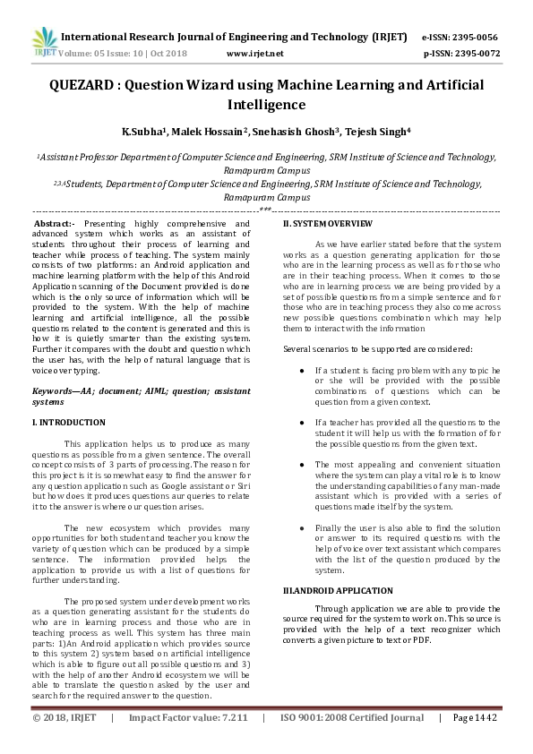(PDF) IRJET- QUEZARD : Question Wizard using Machine Learning and ...