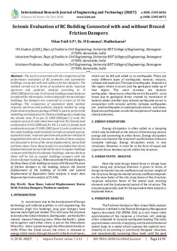 Pdf Irjet Seismic Evaluation Of Rc Building Connected With And Without Braced Friction Dampers