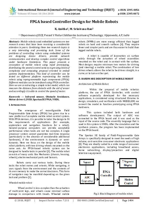 Pdf Irjet Fpga Based Controller Design For Mobile Robots
