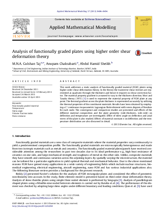 Pdf Analysis Of Functionally Graded Plates Using Higher Order Shear Deformation Theory