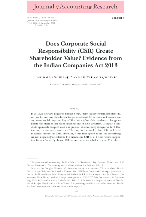 (PDF) Does Corporate Social Responsibility (CSR) Create Shareholder Value? Evidence from the ...