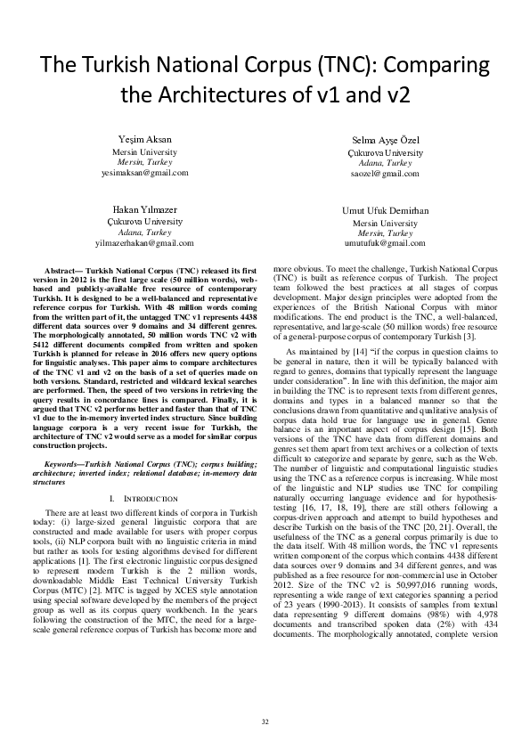 (PDF) The Turkish National Corpus (TNC): Comparing the Architectures of v1 and v2