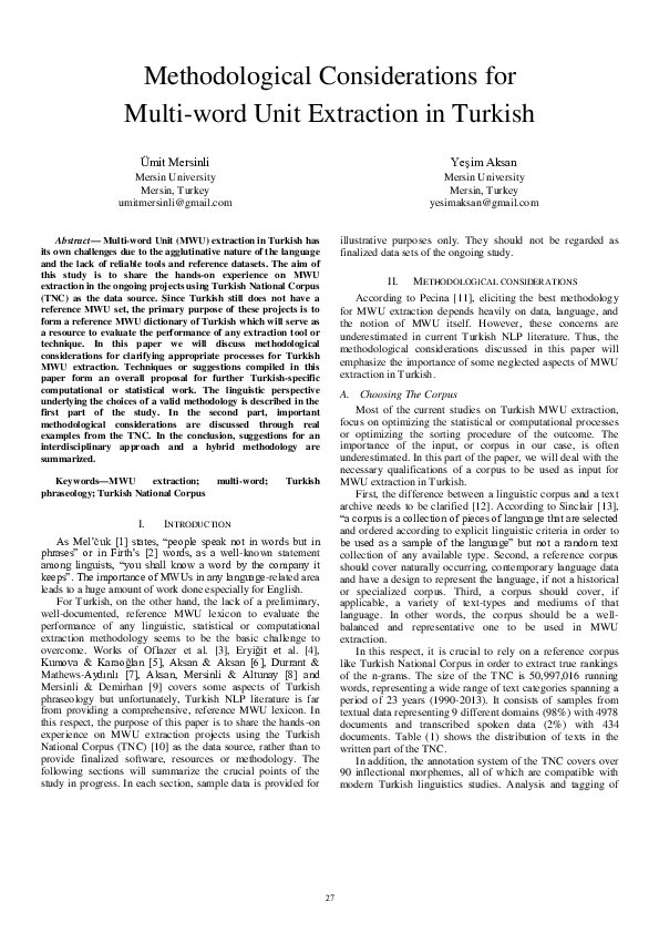 (PDF) Methodological Considerations for Multi-word Unit Extraction in Turkish