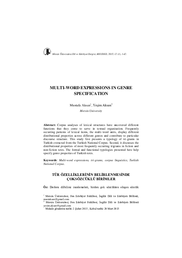 (PDF) MULTI-WORD EXPRESSIONS IN GENRE SPECIFICATION
