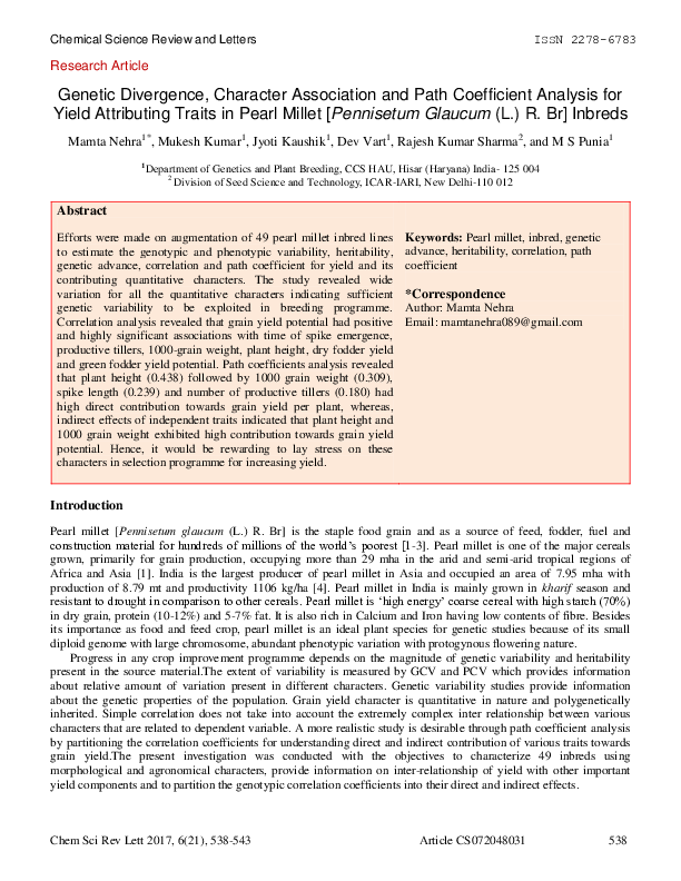 Pdf Genetic Divergence Character Association And Path Coefficient Analysis For Yield