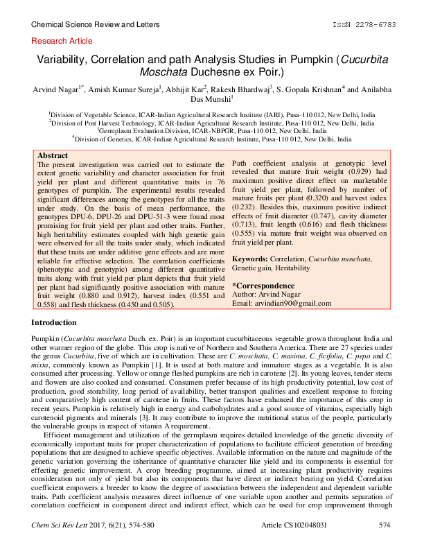 (PDF) Variability, Correlation and path Analysis Studies in Pumpkin (Cucurbita Moschata Duchesne ...